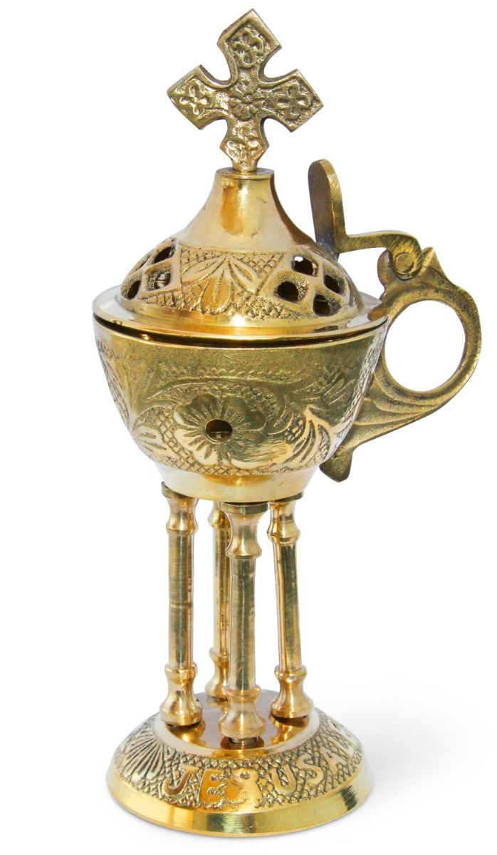 Decorated Brass Incense Burner with Cross and 4 Pillars - The Jerusalem ...