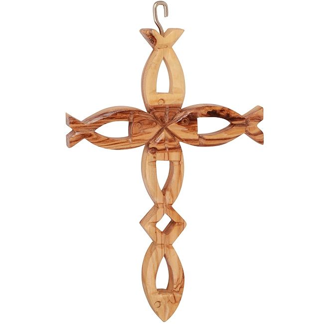Olive Wood Cross made with Five Fish - The Jerusalem Gift Shop
